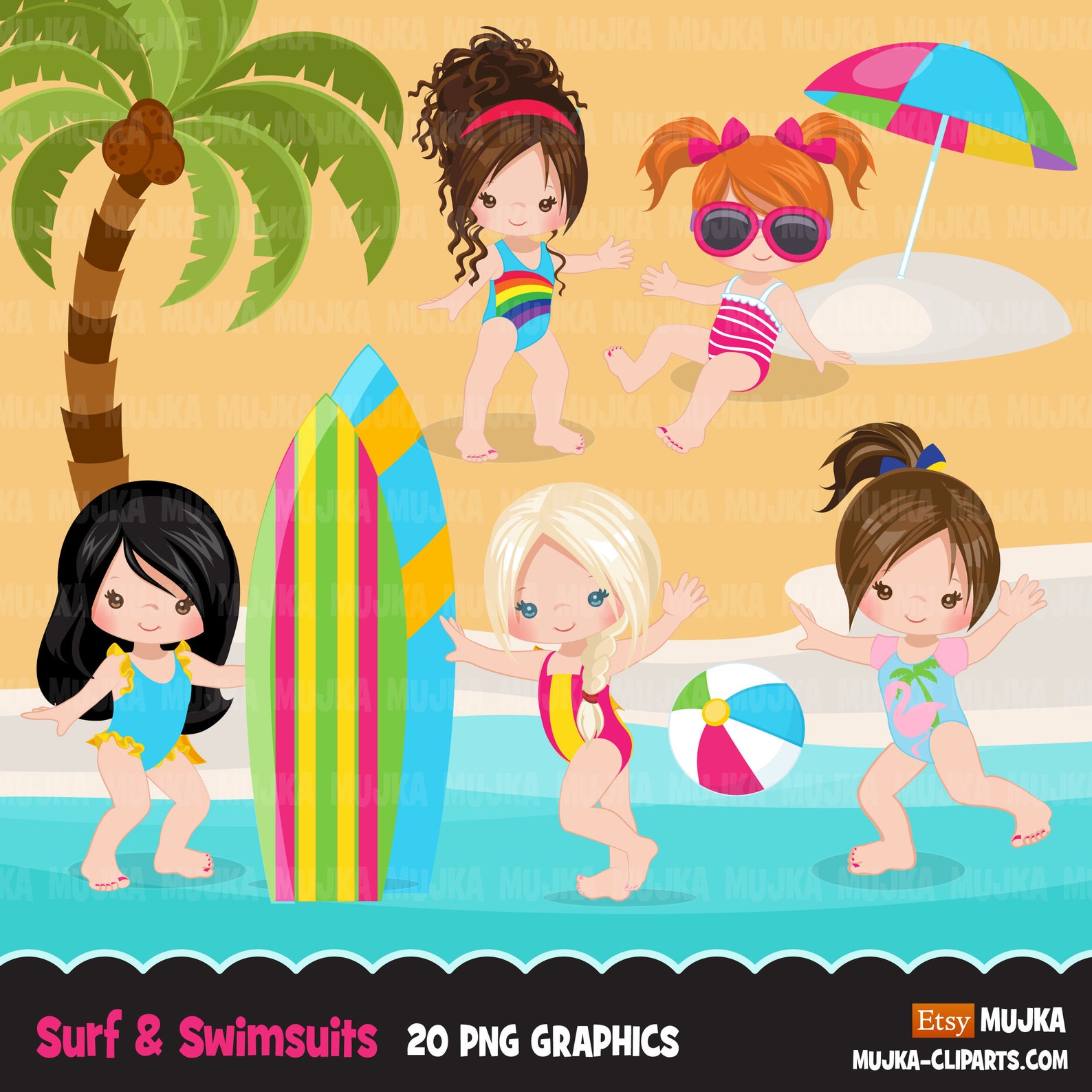 Beach Fun Clipart for Girls Summer Swimsuit Graphics Surf - Etsy