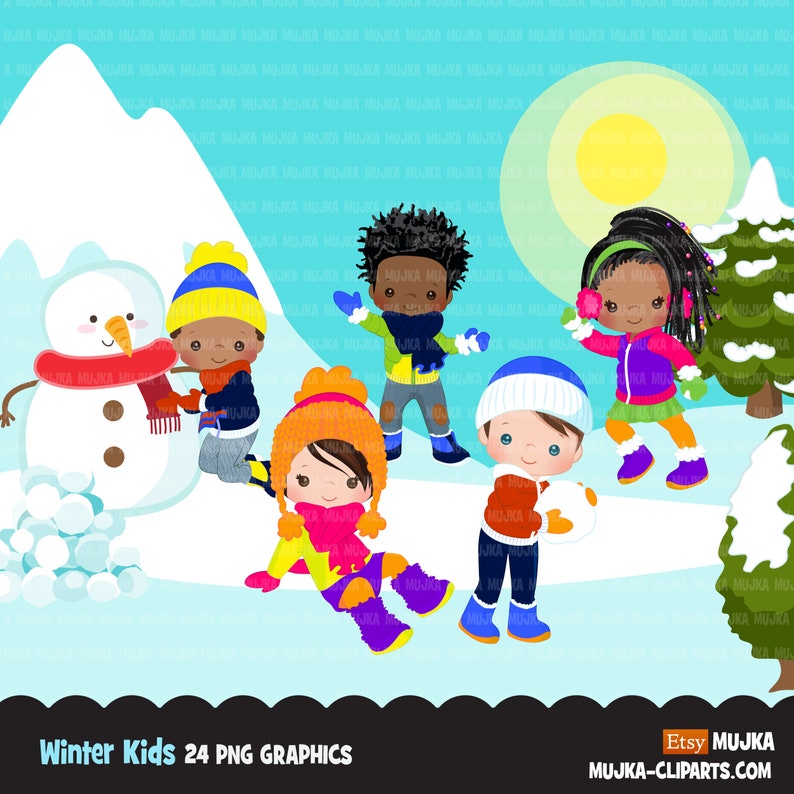 Winter Kids Clipart Bundle, Snow Day, Snowman, Sledding Kids, Winter ...