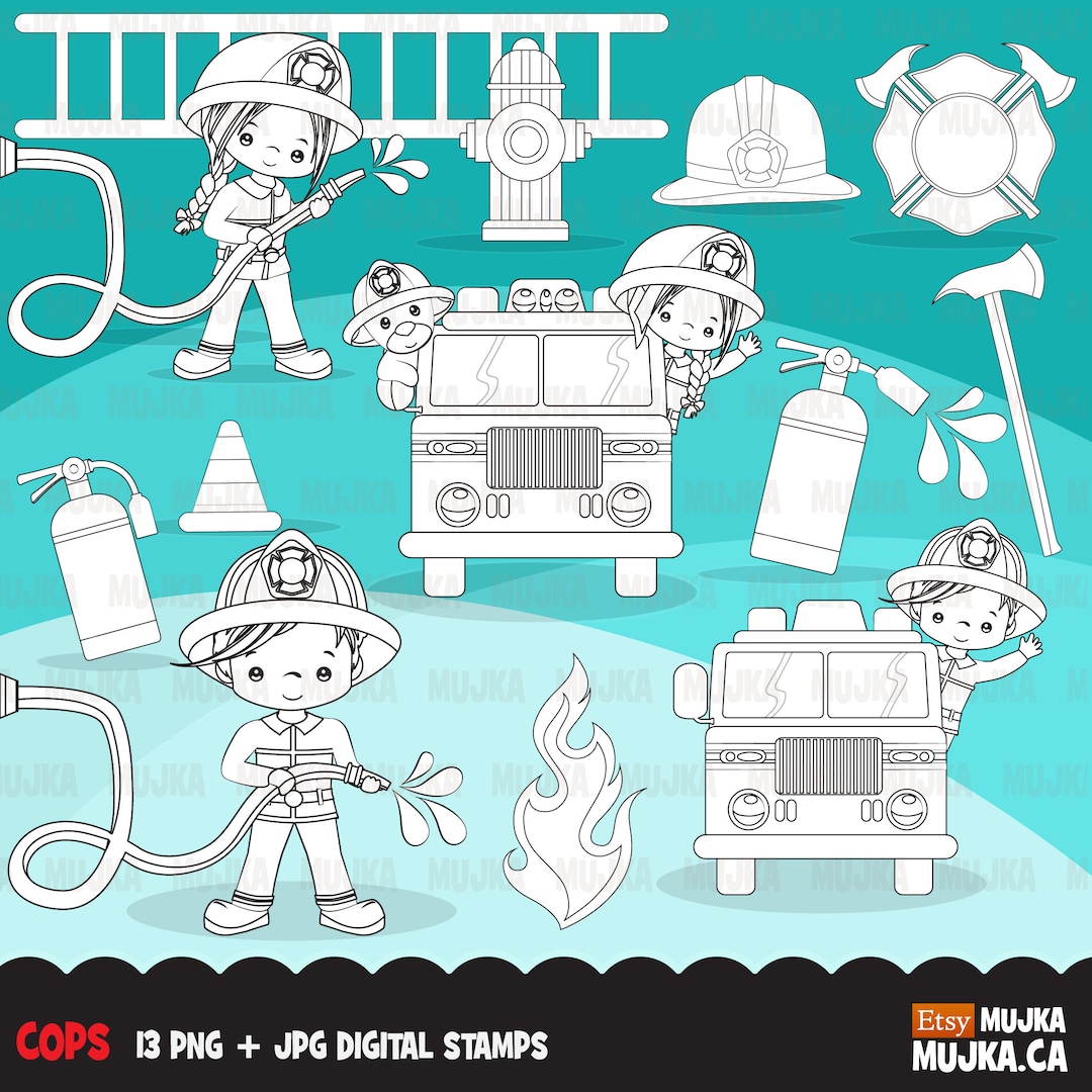 Firefighter Digital Stamps. Cute Fire Truck, Fire, Ladder, Water ...
