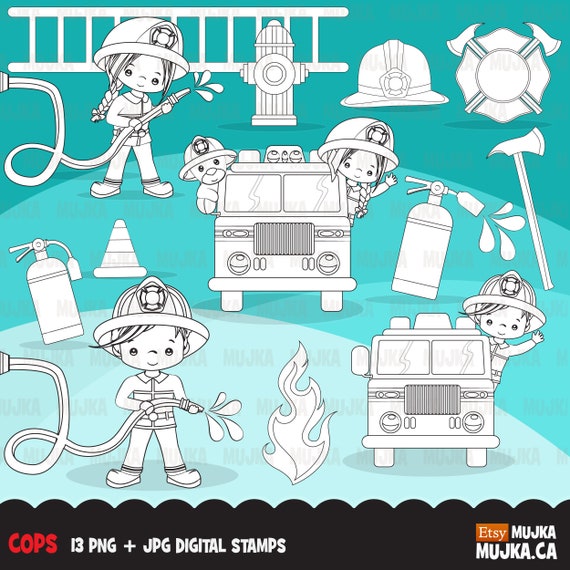 Firefighter Digital Stamps. Cute fire truck, fire, ladder, water ...