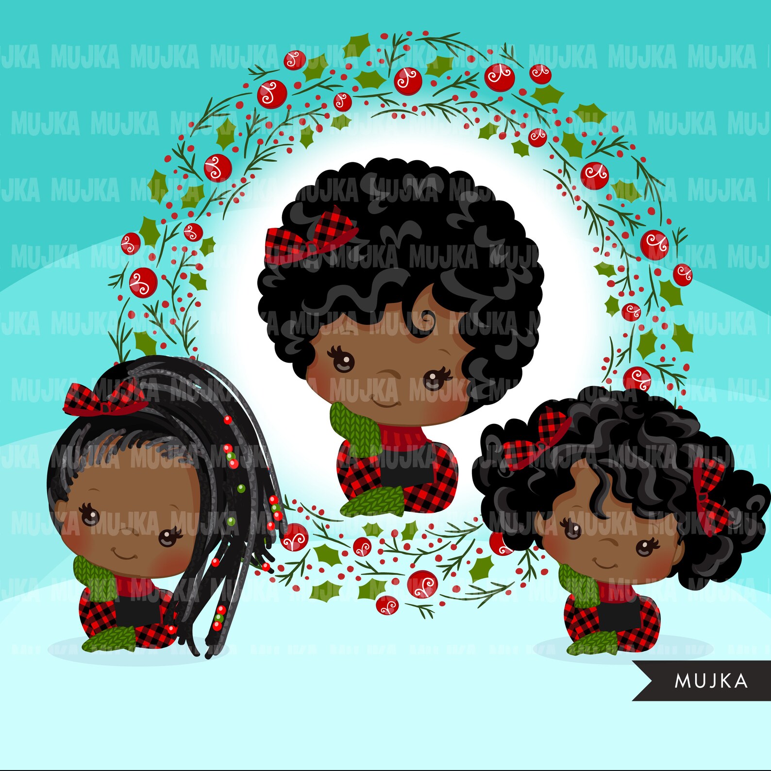 Christmas Clipart Cute Afro Black Girls With Plaid and Noel | Etsy