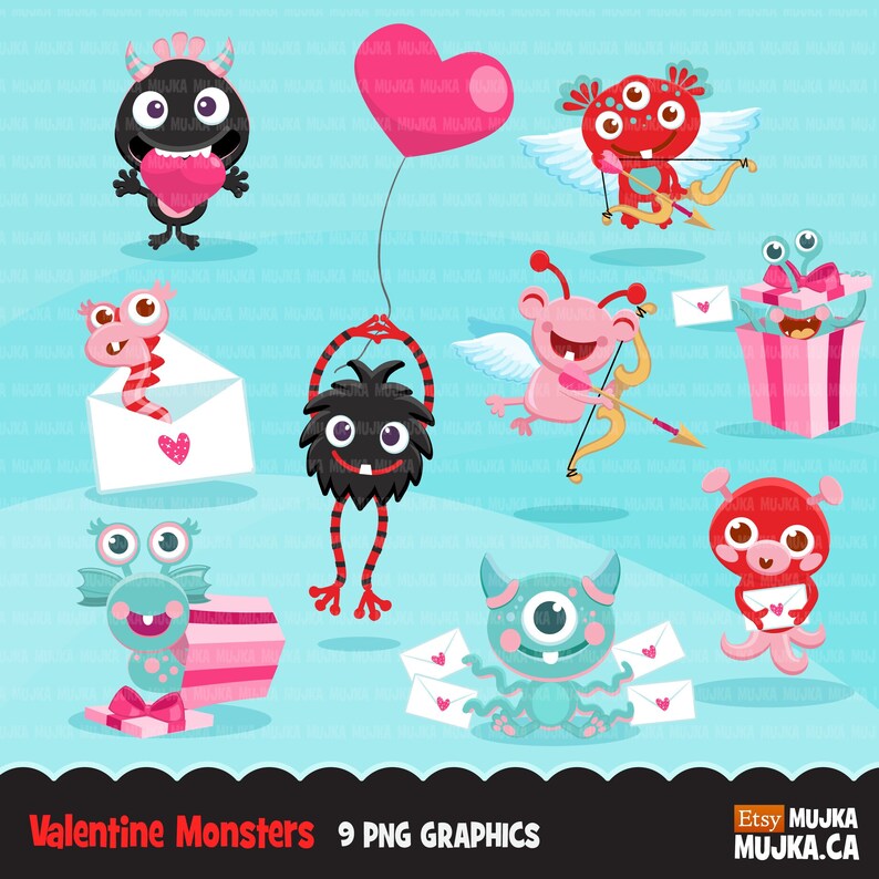 Valentine Monsters Clipart. Valentine's Day animal | Etsy
