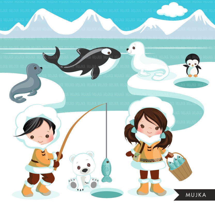 Arctic Animals Clipart. Cute Winter Animals, Igloo, Whale, Walrus ...