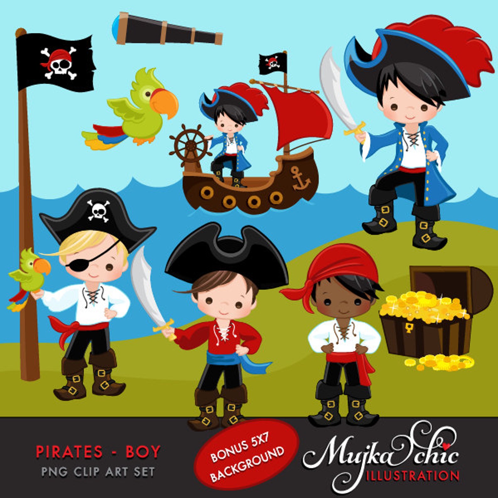 Pirate Clipart. Pirates, Ships and Treasure Island Clipart. Captain ...