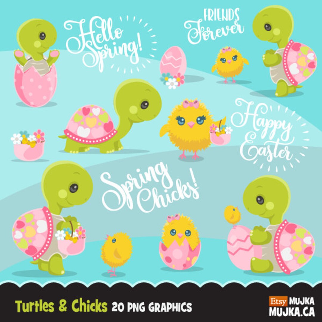 Easter Turtle and Chicks Clipart, Cute Spring Graphics, Lettering ...
