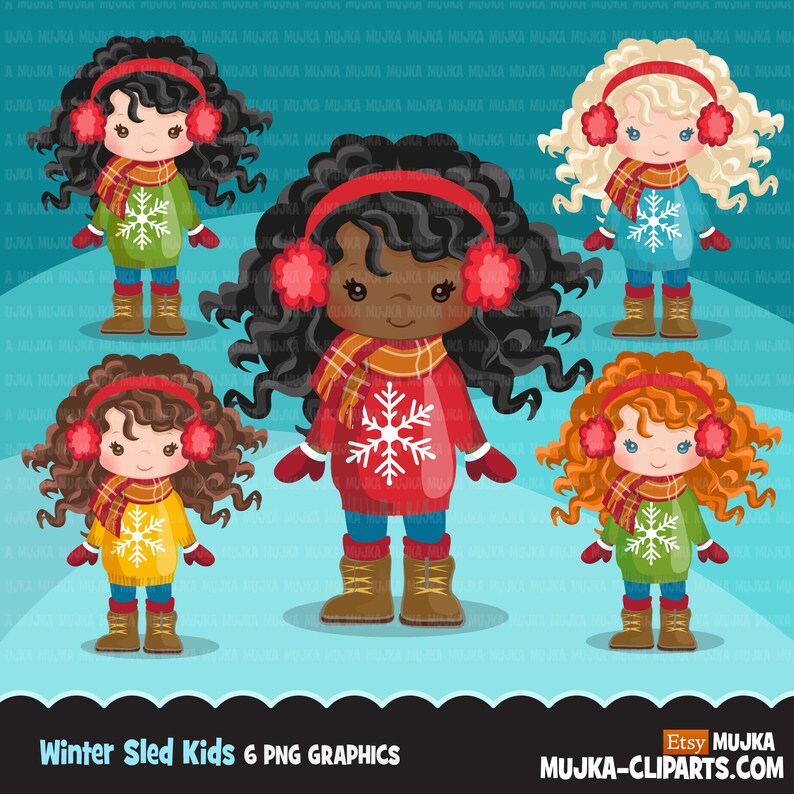 Winter Kids Clipart Bundle, Snow Day, Snowman, Sledding Kids, Winter ...