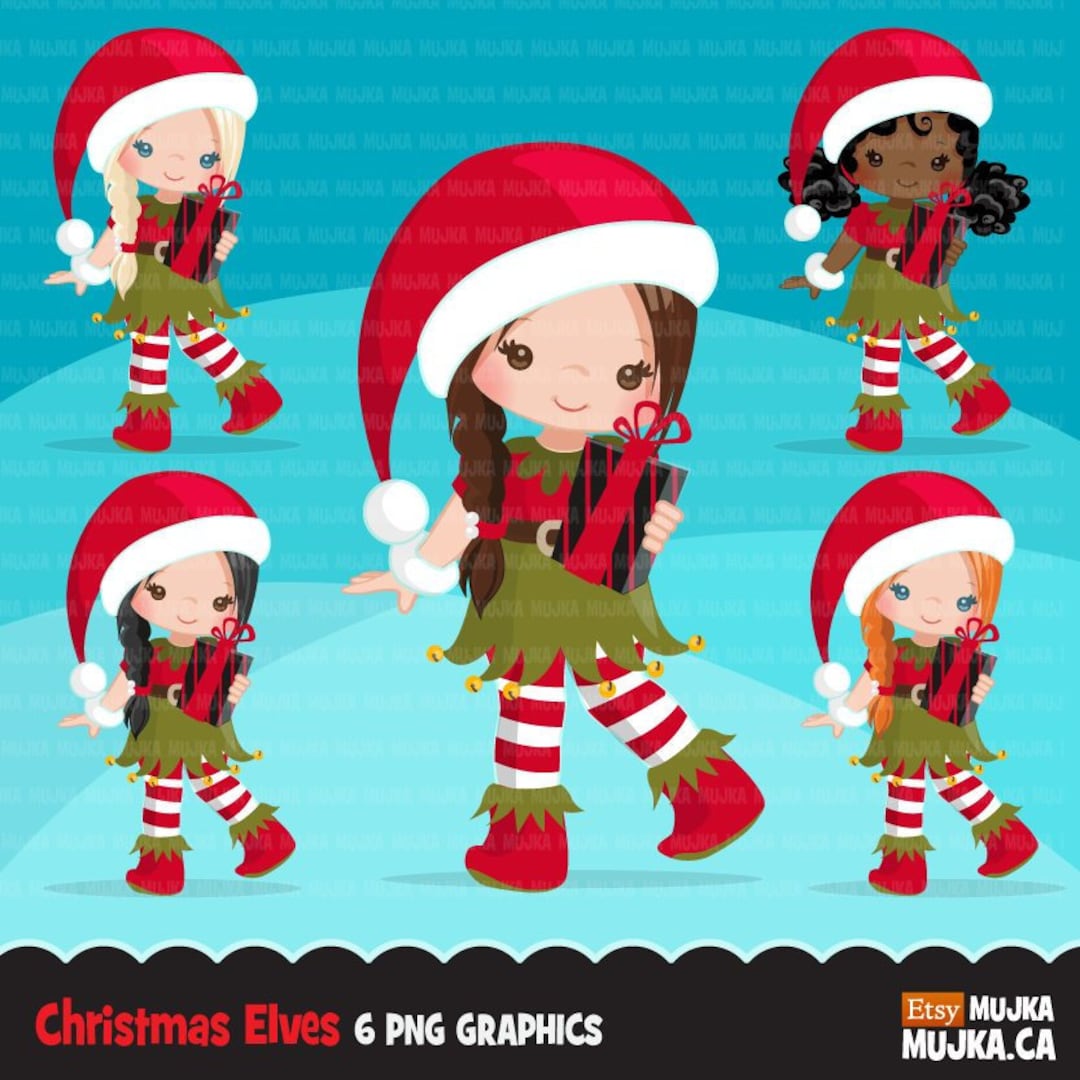 Christmas Elf Clipart. Cute Noel Illustration, Elves Holding a Gift ...