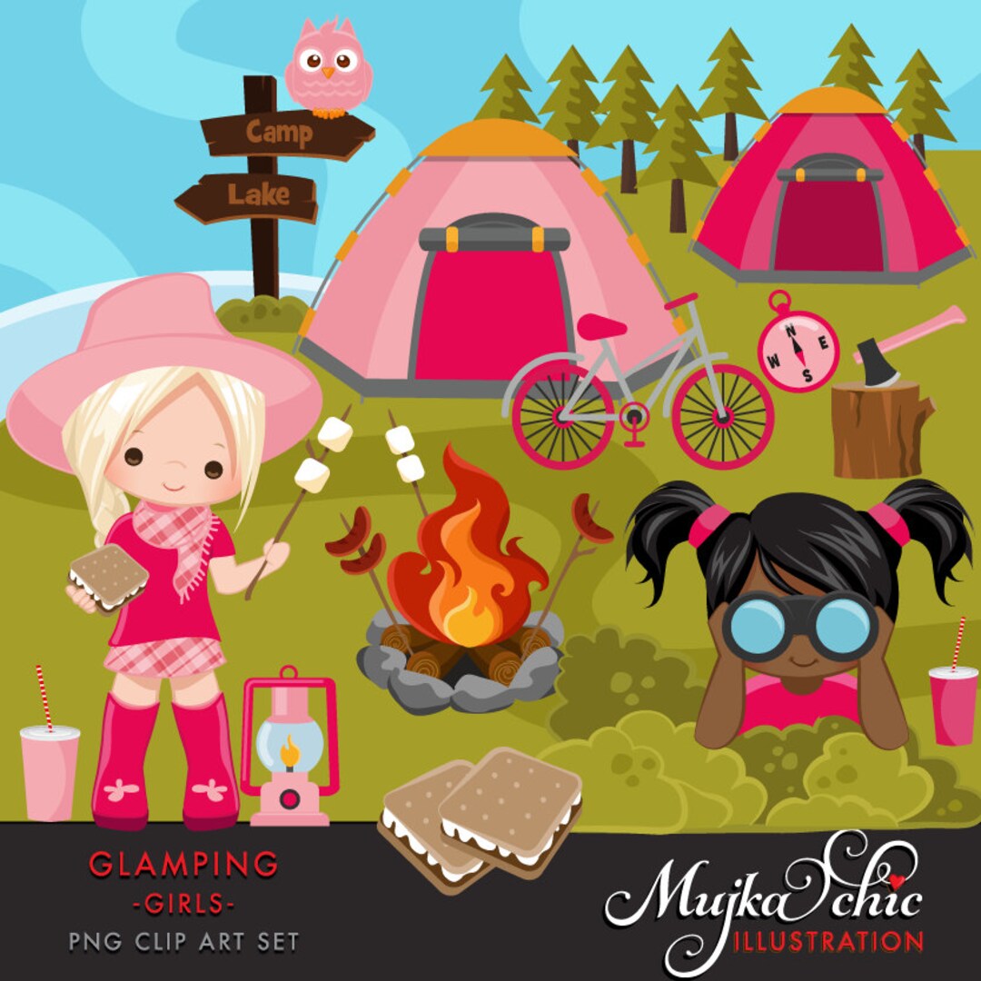 Glamping Clipart for Girls. Campground, Tents, Camp Fire, Lantern, Kids ...