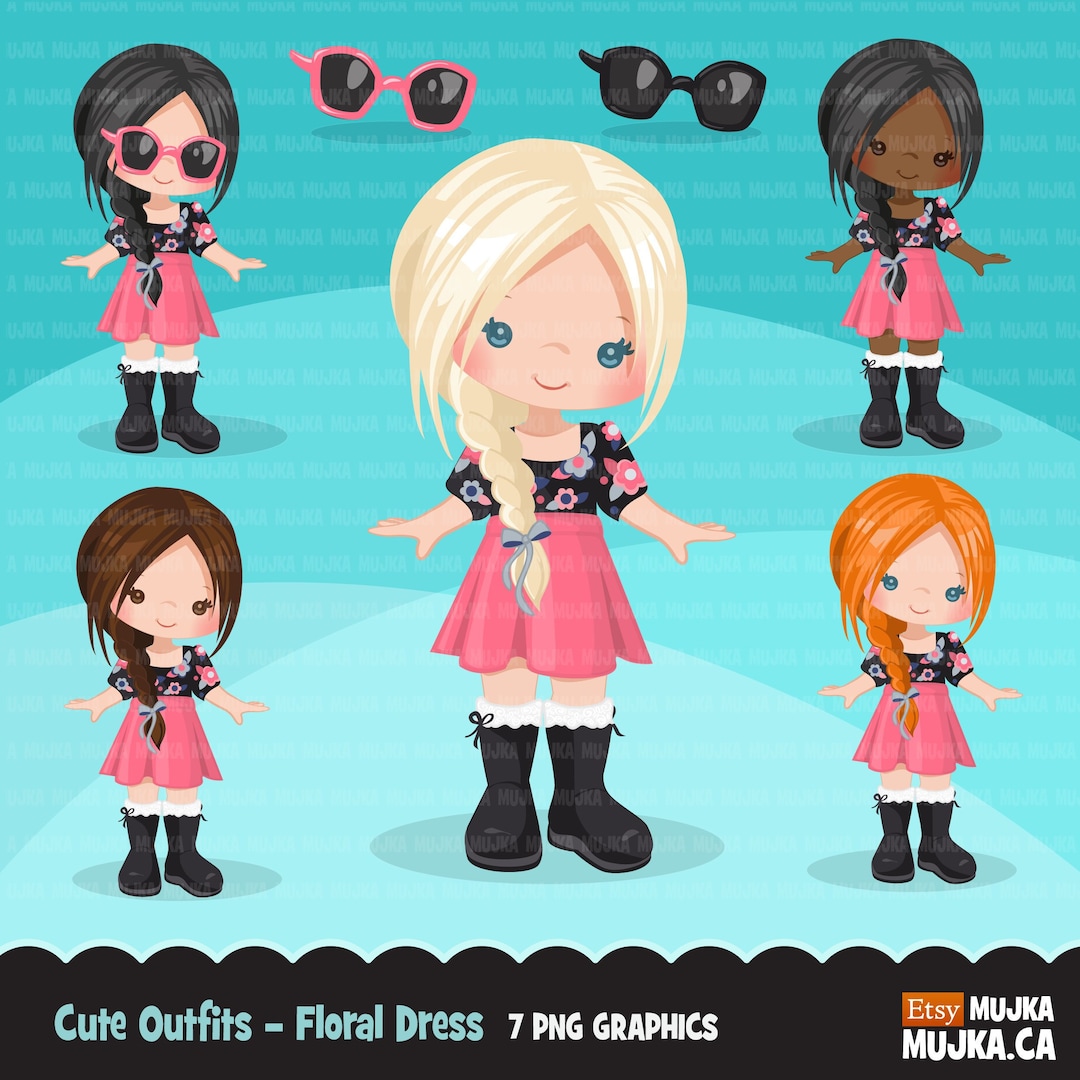 Little Girl Cute Outfits Clipart. Girls With Floral Dress, Boots ...