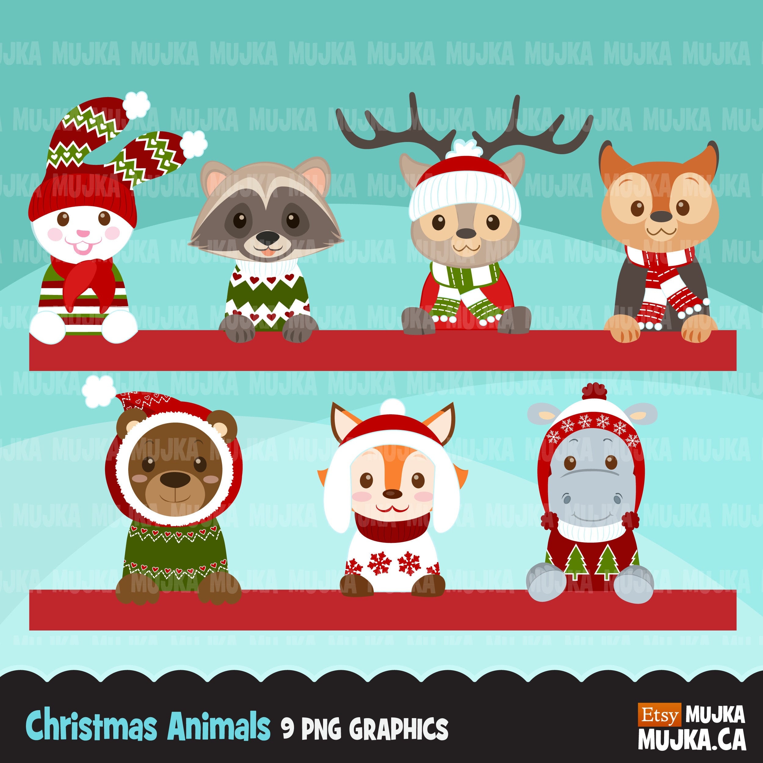 Christmas animals clipart cute noel graphics bunny racoon | Etsy