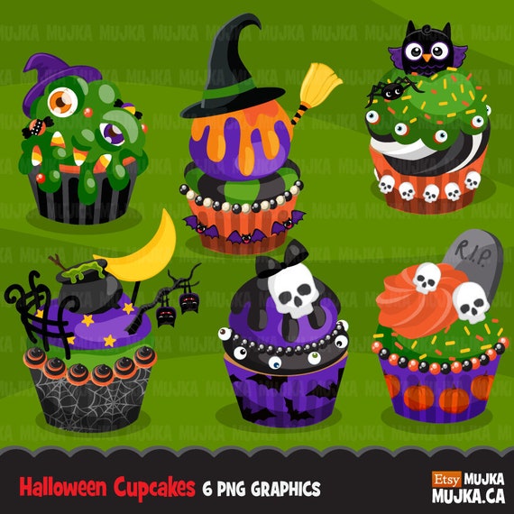 Halloween cupcake clipart. Cute owl, cauldron, witch broom, skull ...