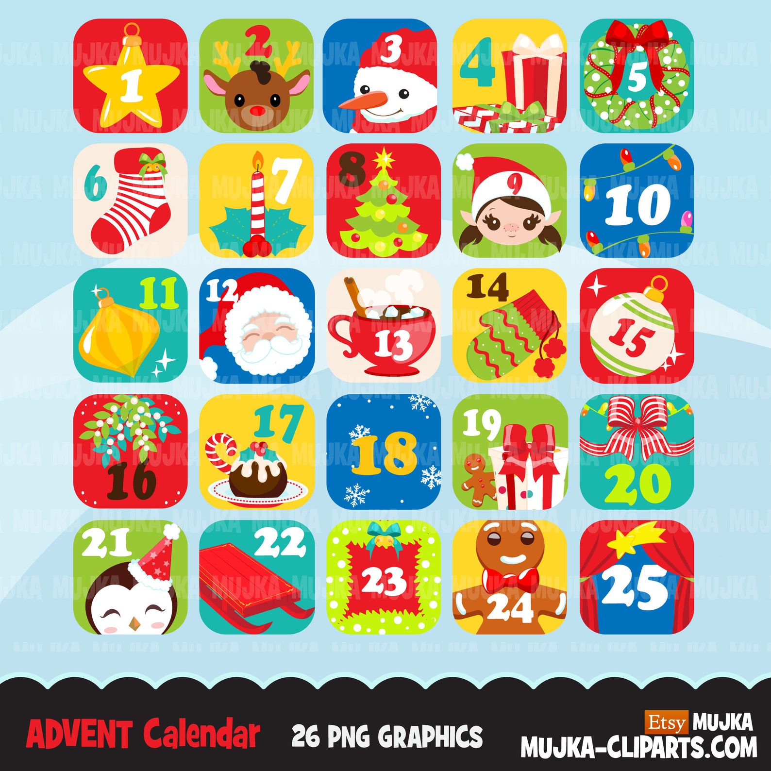 Christmas Clipart Advent Calendar Graphics Noel Graphics - Etsy