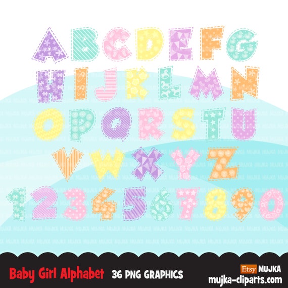 Baby Girl Alphabet Clipart Bundle stitched lines stackable | Etsy