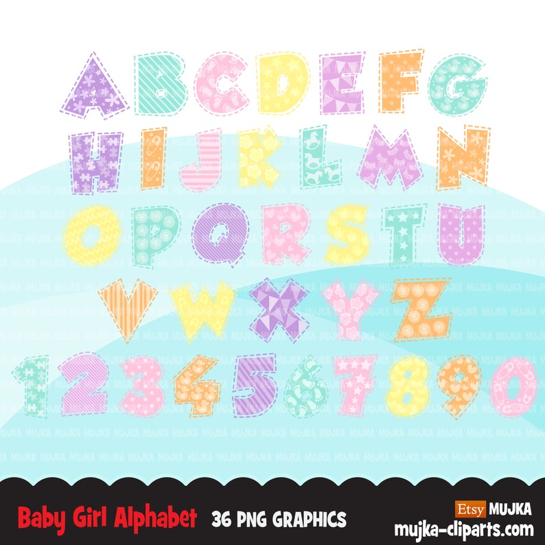 Baby Girl Alphabet Clipart Bundle, Stitched Lines, Stackable, Girl ...