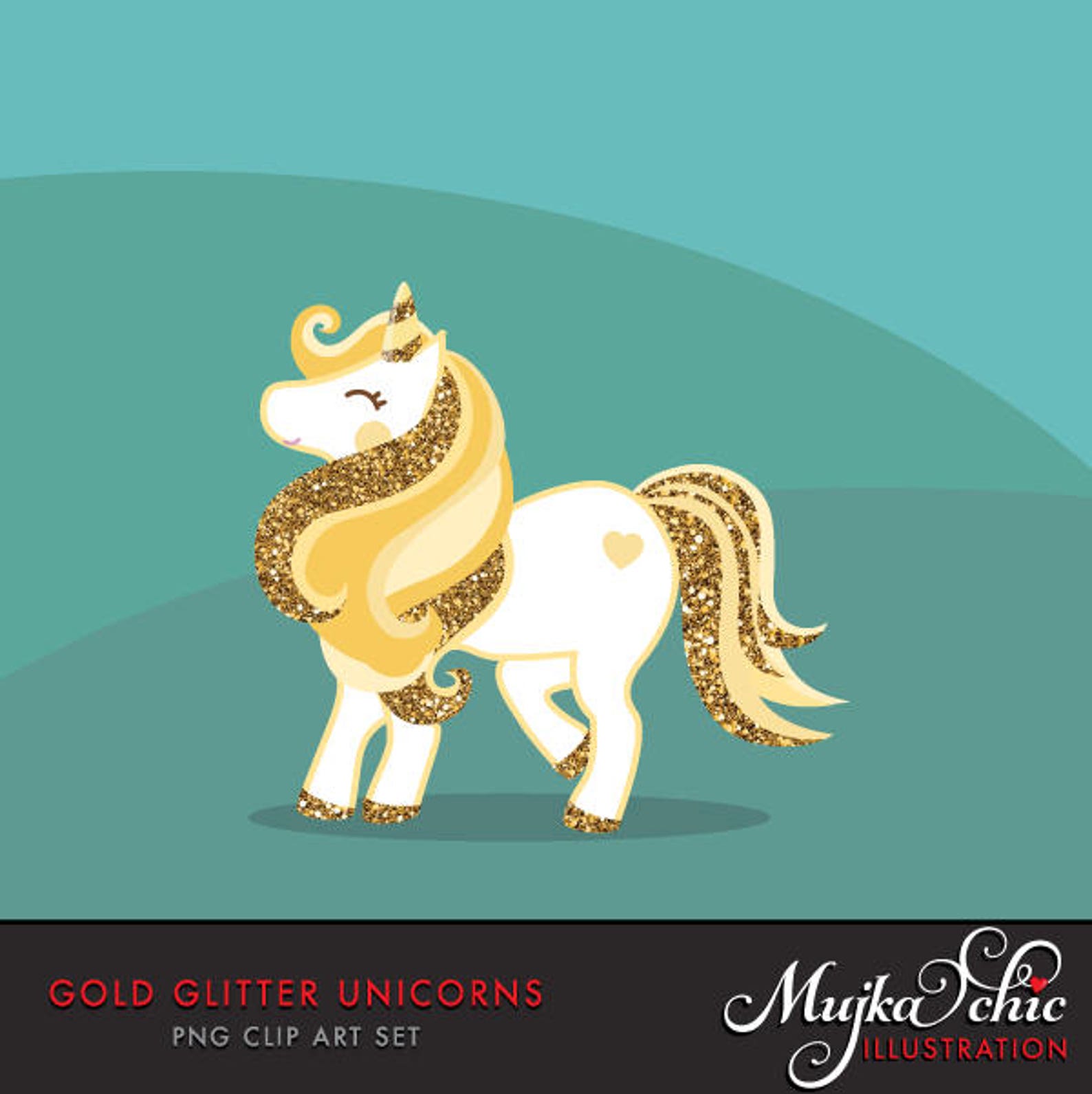 Gold Glitter Unicorn Clipart. Summer Graphics Party | Etsy