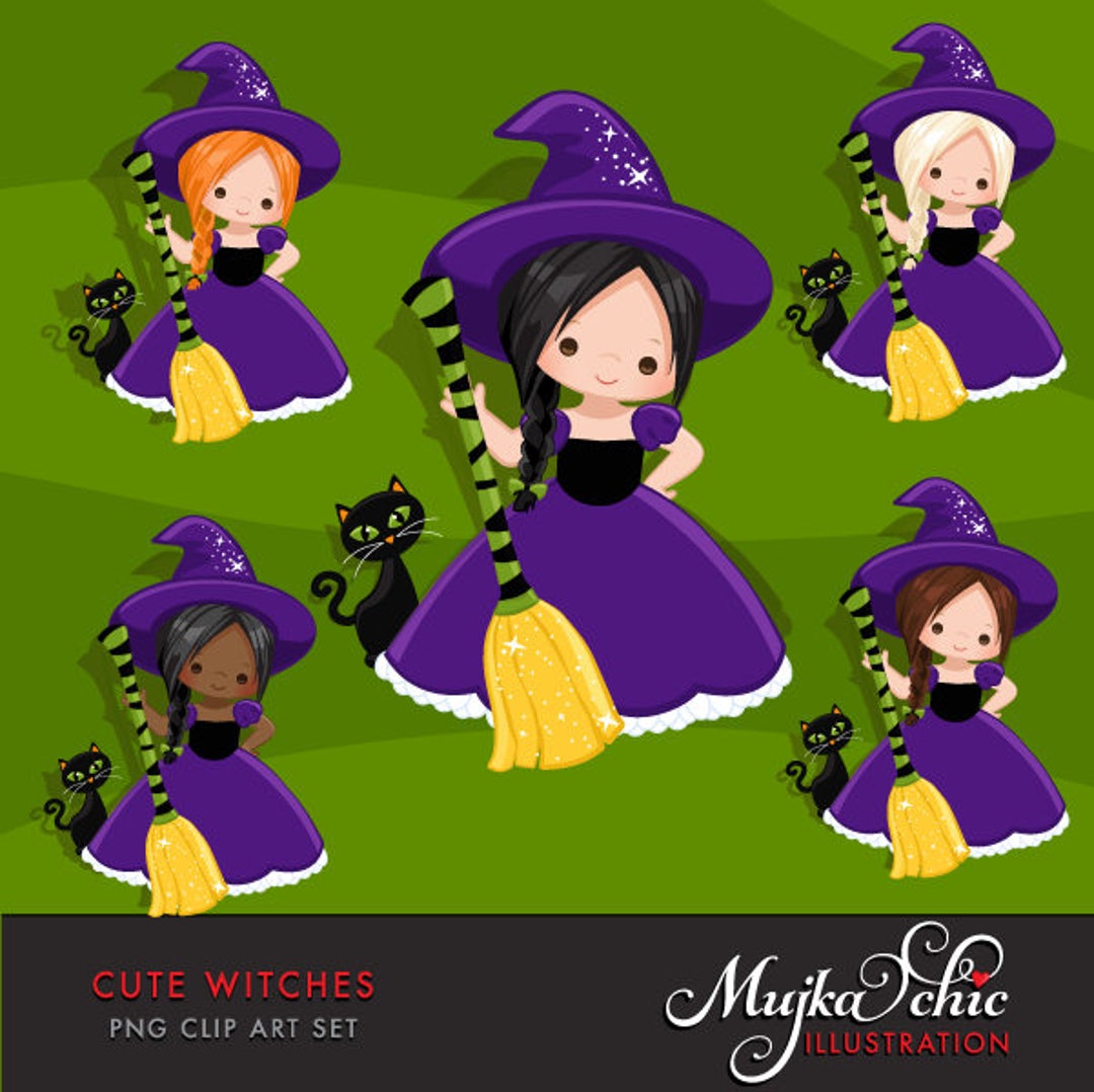 Halloween Clipart, Cute Witch, Black Witch, Black Cat, Halloween Broom ...