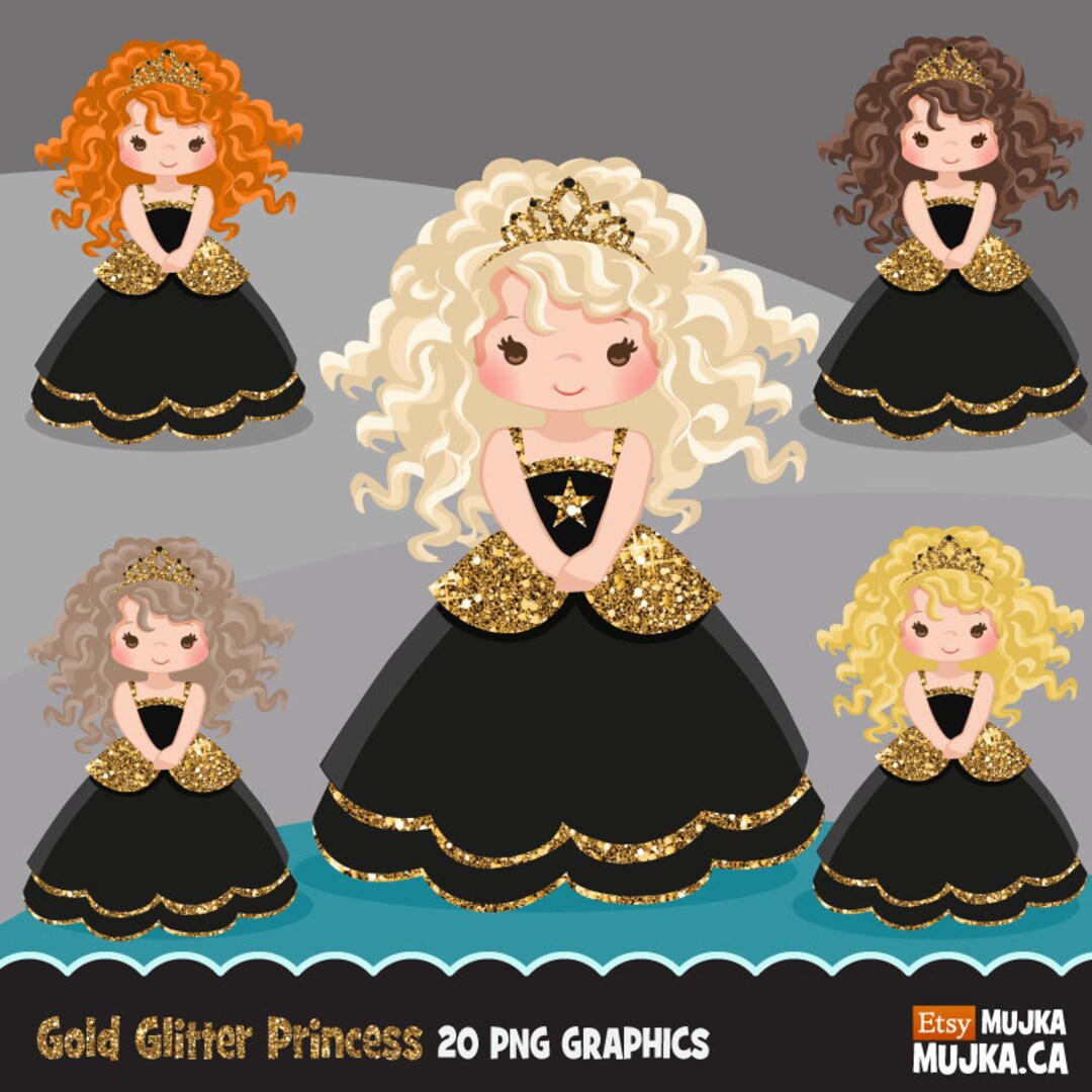 Gold Glitter Princess Clipart, Black Princess Graphics, Scrapbooking ...