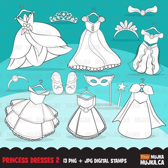 Princess Dress Digital Stamps. Fairy wand, royal outfits, masquerade ...