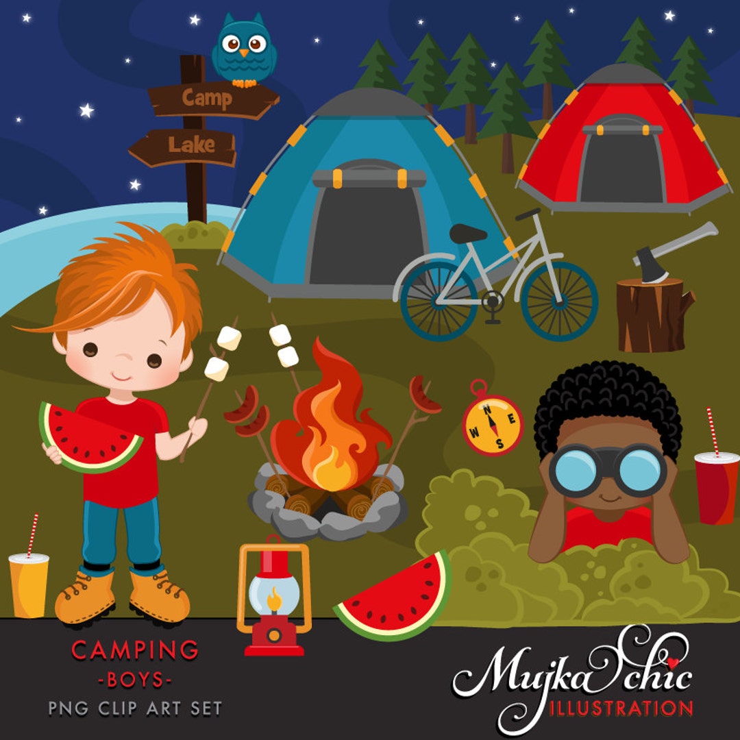 Camping Clipart for Boys. Campground, Tents, Camp Fire, Lantern, Kids ...
