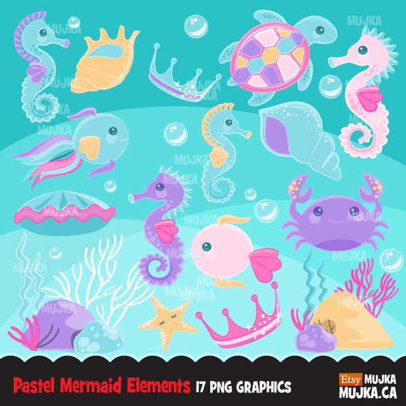 Mermaid undersea clipart, pastel sea animal graphics, sea turtle ...