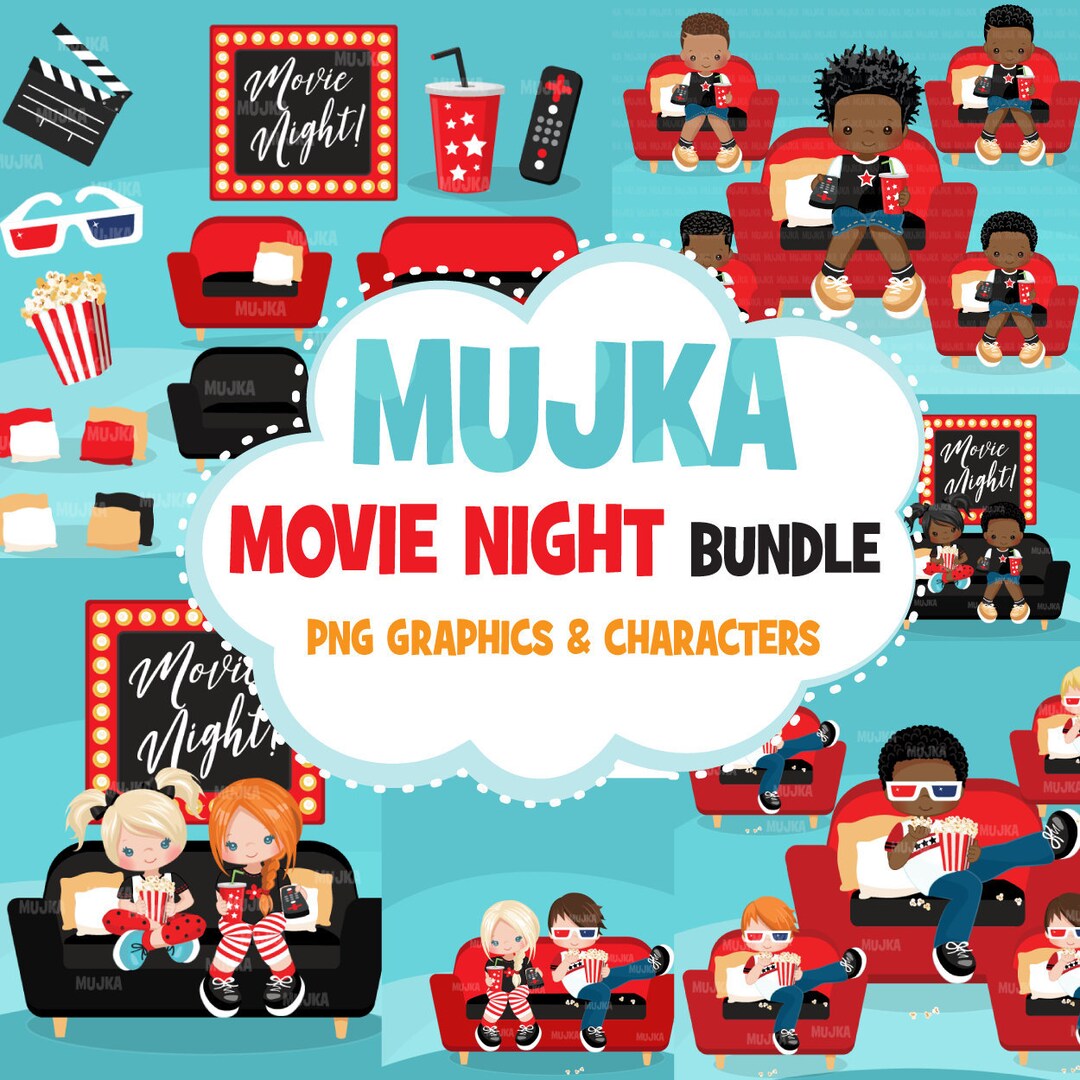 Movie Night Clipart Bundle, Sleepover, Home Birthday Party, Popcorn ...