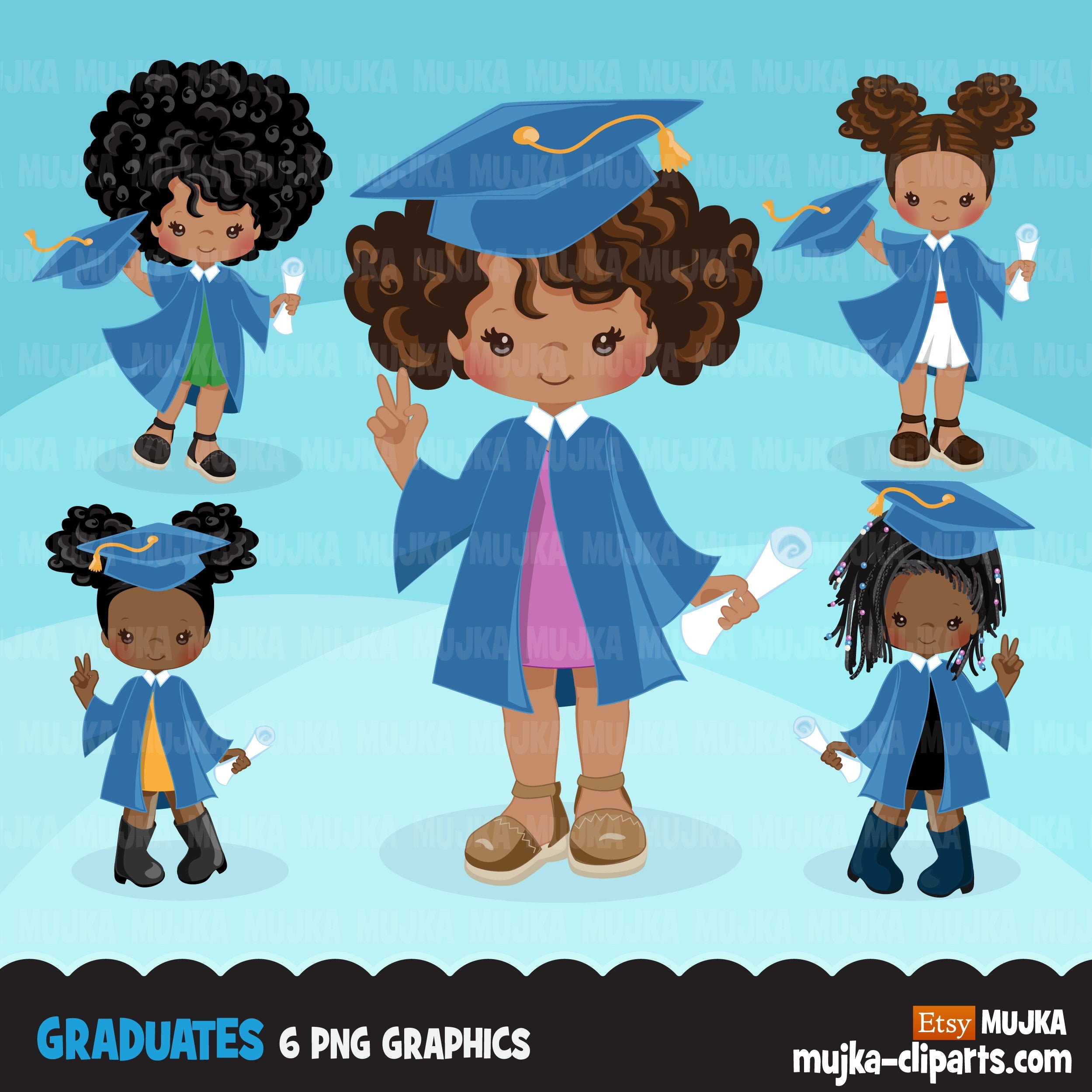 Graduation Clipart, Graduate Black Girls With Blue Gown, Cape and ...