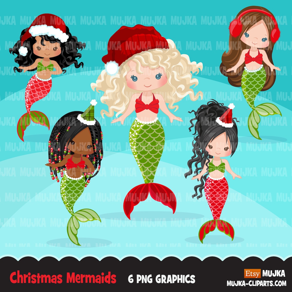 Christmas Mermaid Clipart Holiday Mermaid Graphics Mermaid | Etsy