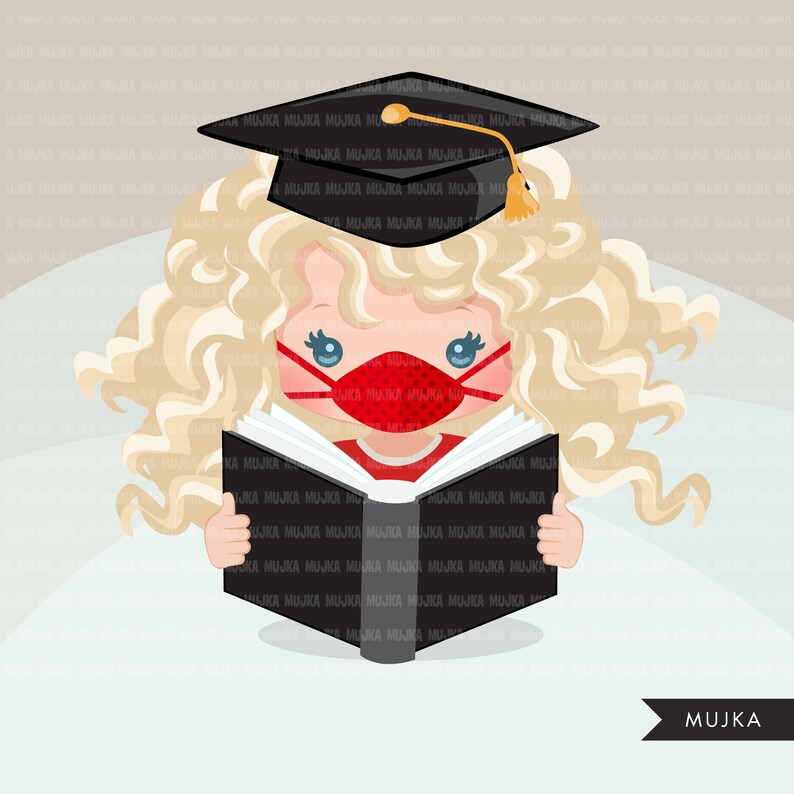 Graduation Clipart Graduate Girls With Book and Mask School - Etsy