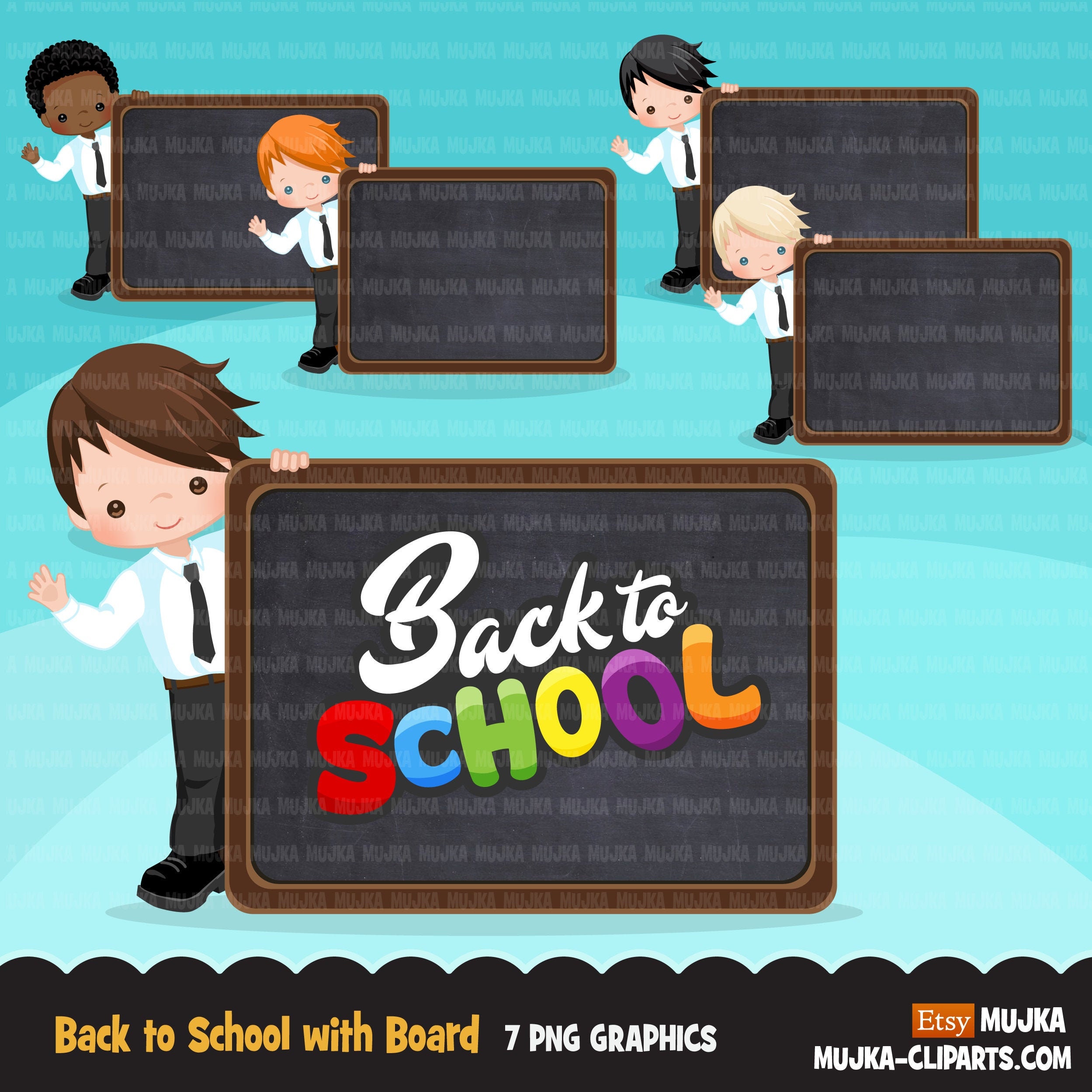 Back to School Clipart With Boy Students and Black Board, Education ...