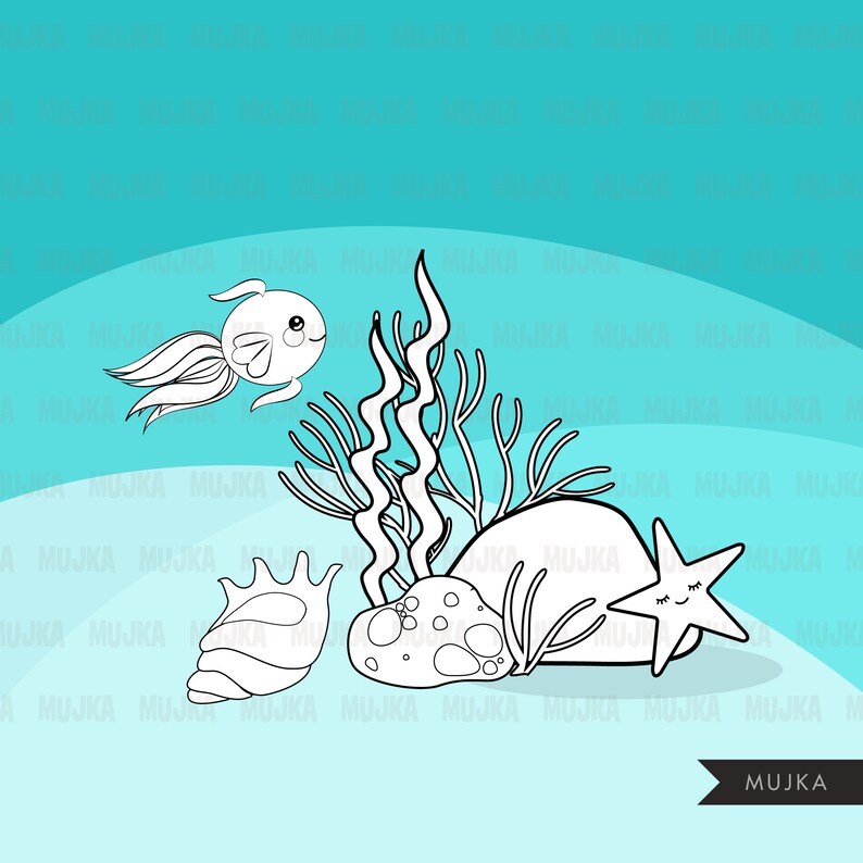 Undersea Digital Stamps, Black & White Marine Graphics, Mermaid Coral ...