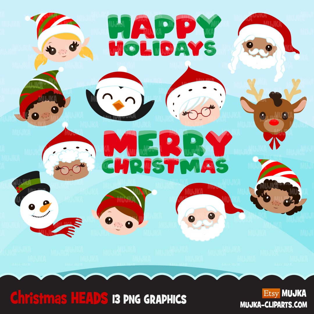 Christmas Clipart, Christmas Heads, Black Santa, Mrs Santa, Elves ...