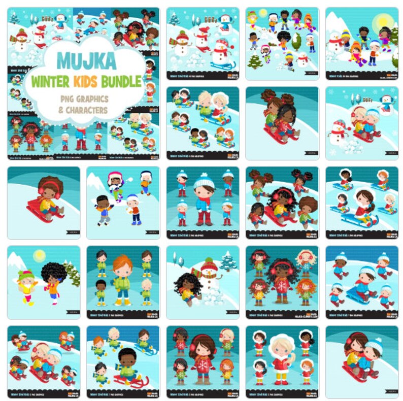 Winter Kids Clipart Bundle, Snow Day, Snowman, Sledding Kids, Winter ...
