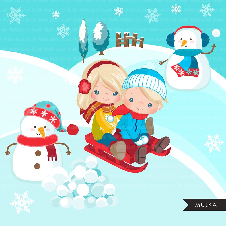 Winter Sled Snow Background With Snowman Clipart Sledding | Etsy