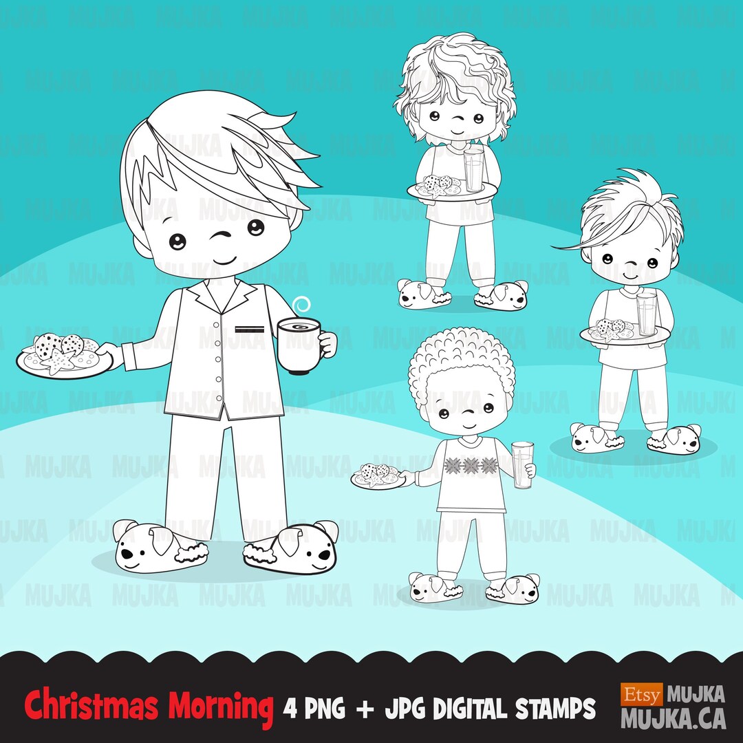 Christmas Kids Digital Stamps. Boy Characters With Hot Chocolate ...