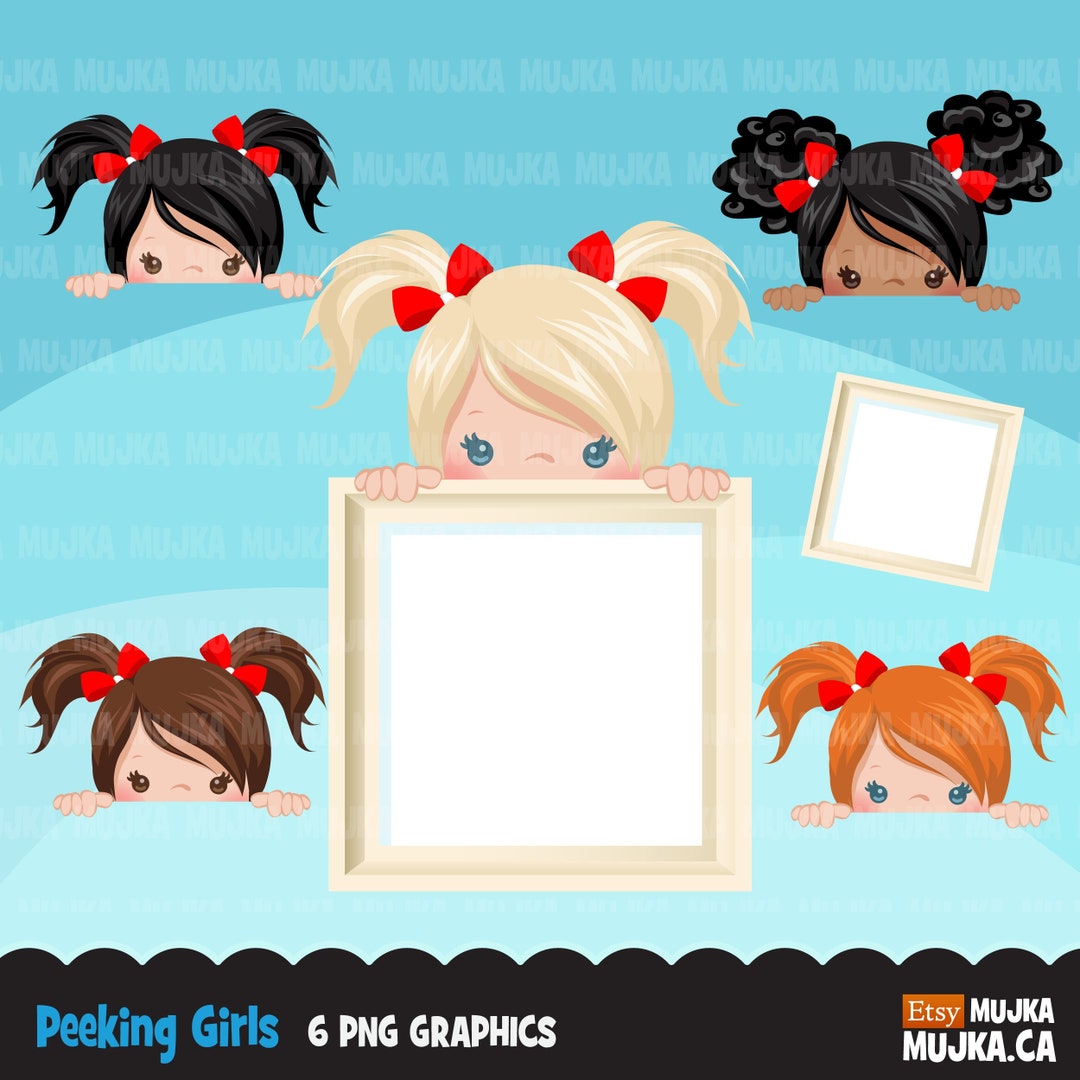 Peeking Girls Clipart. Kids Peeking Behind a Frame, Sublimation Designs ...