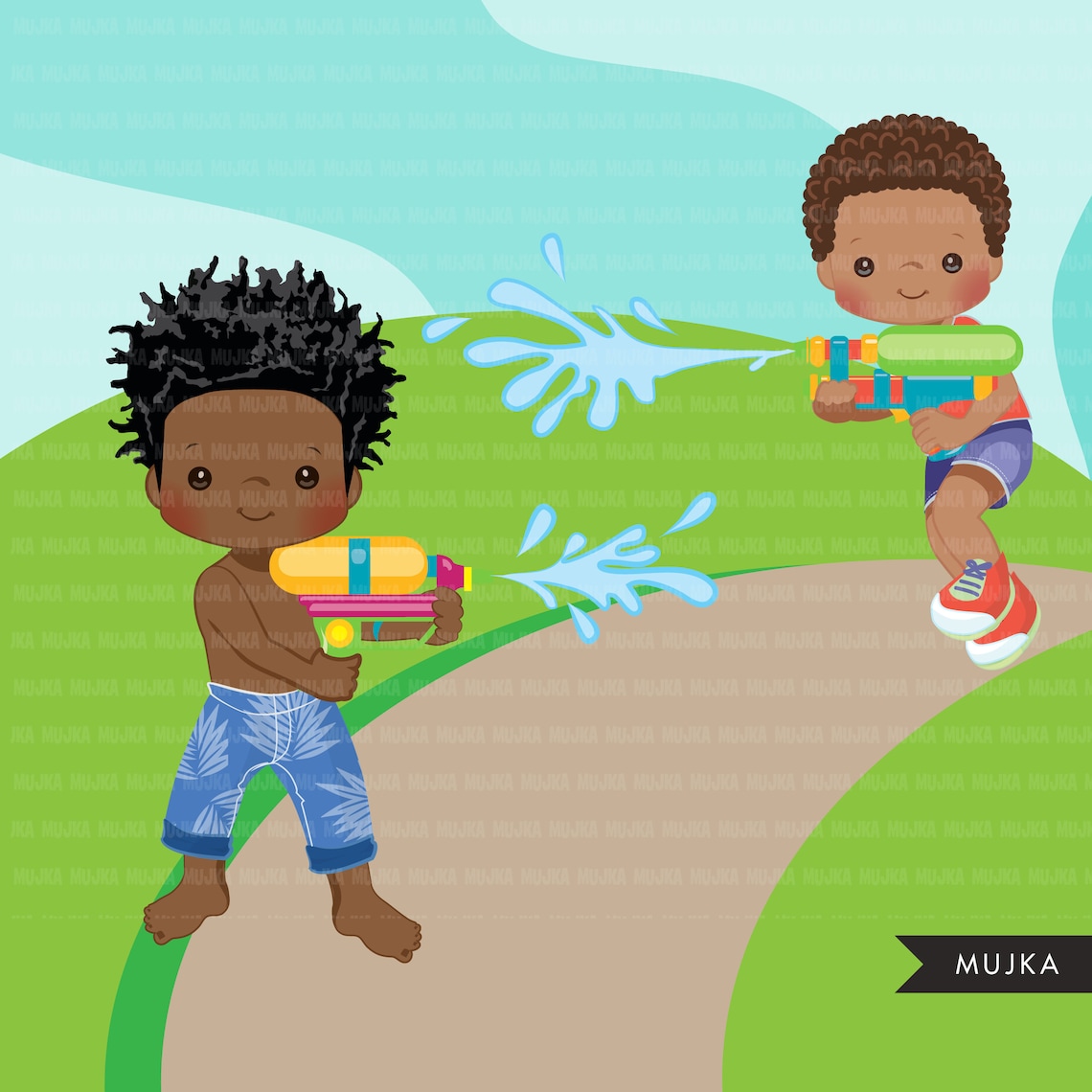 Water Gun Fight Clipart, Boys, Black Boys Outdoors Water Balloon Fight ...