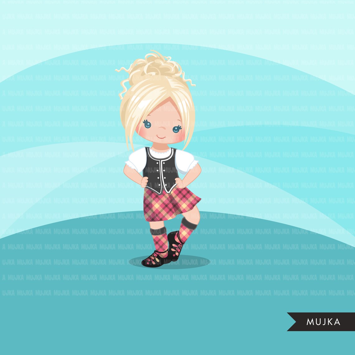 Highland Dancers Clipart. Cute Scottish Dancers With Kiltie, Pink ...