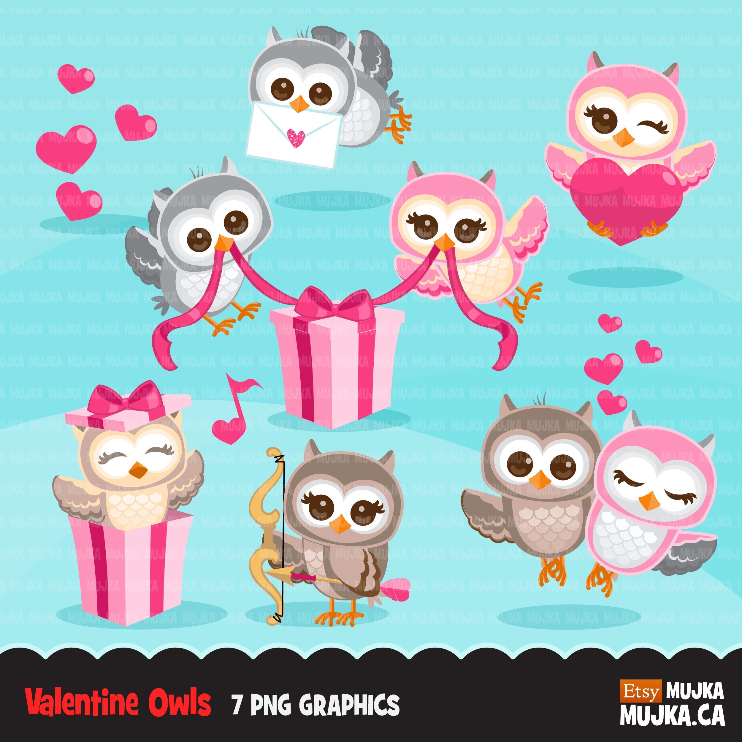 Valentine Owls Clipart. Valentine's Day animal | Etsy