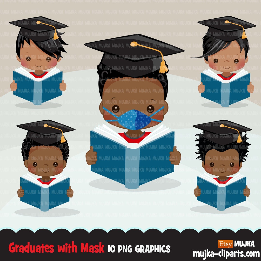 Graduation Clipart, Graduate Black Boys With Book and Mask, School ...