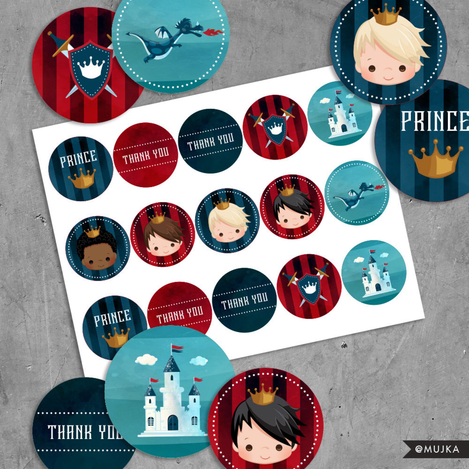 Printable Prince Birthday Stickers Red & Blue Prince Cupcake - Etsy