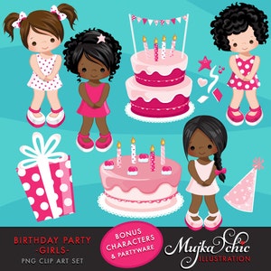 Girls Birthday Party Clipart With Cute Characters, Birthday Cake ...