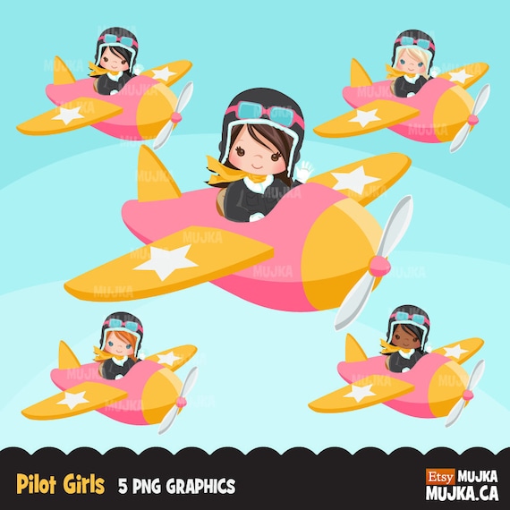 Pilot clipart, pilot girl characters, plane, black, card making ...