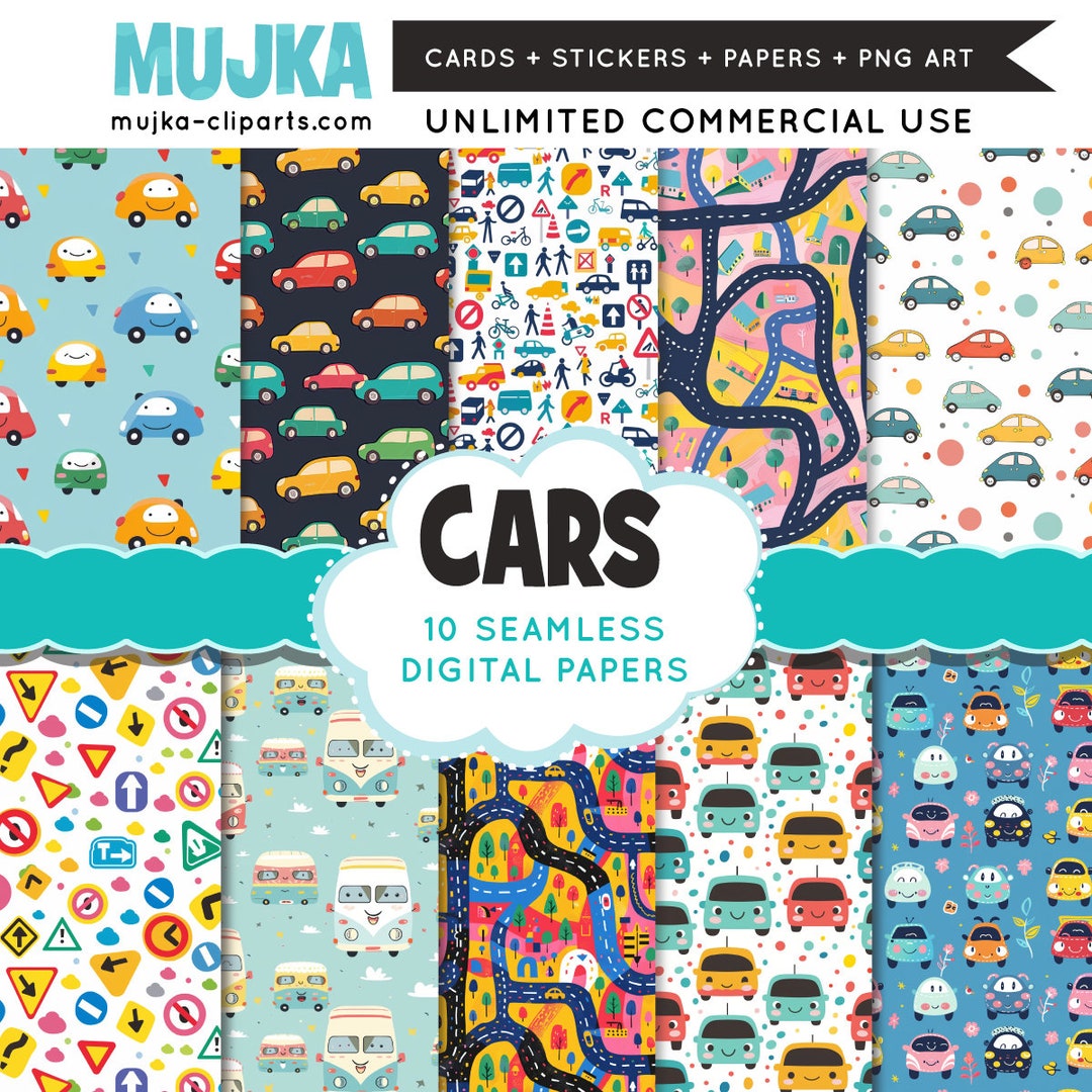 Cute Cars Digital Papers, Kawaii Baby Seamless Background, Nursery ...