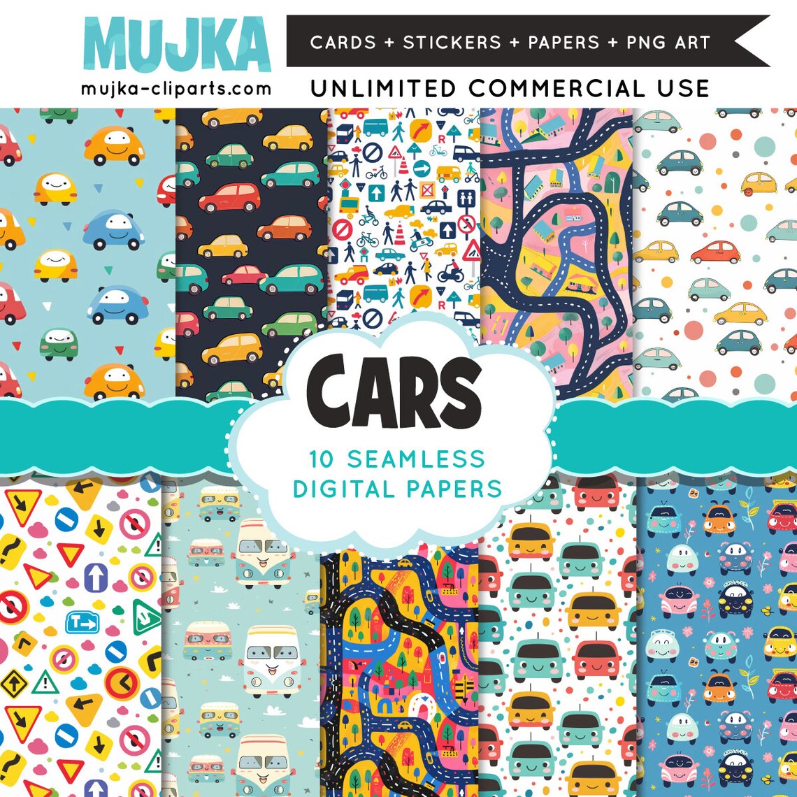 Cute Cars Digital Papers, Kawaii Baby Seamless Background, Nursery ...