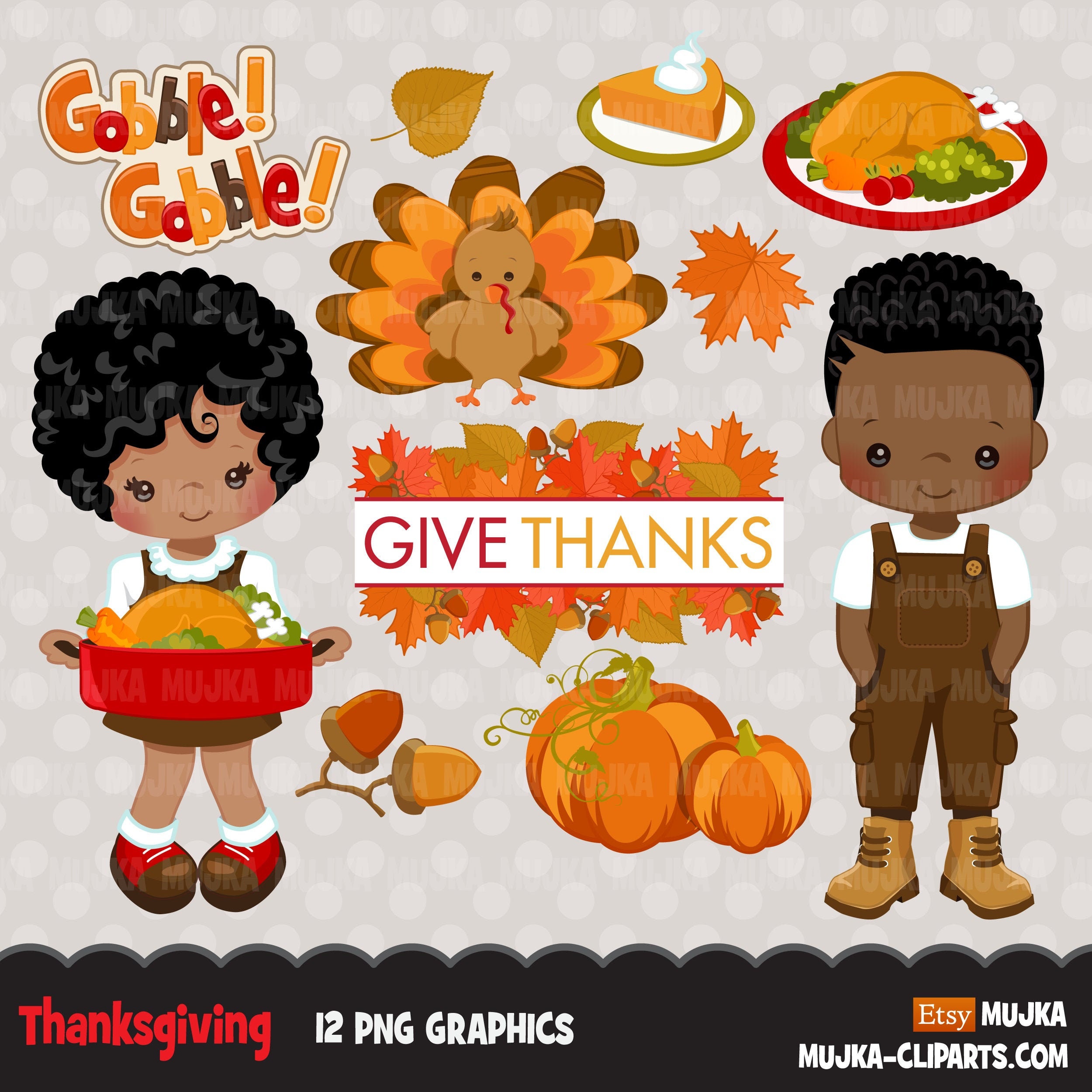 Thanksgiving Clipart. Gobble Gobble Turkey Black Kids Apple | Etsy