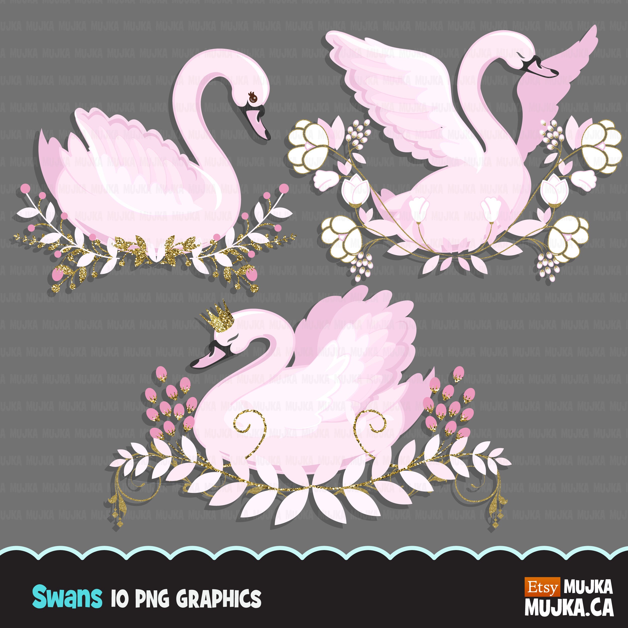 Pink Swan clipart. Gold glitter pastel swan graphics. | Etsy