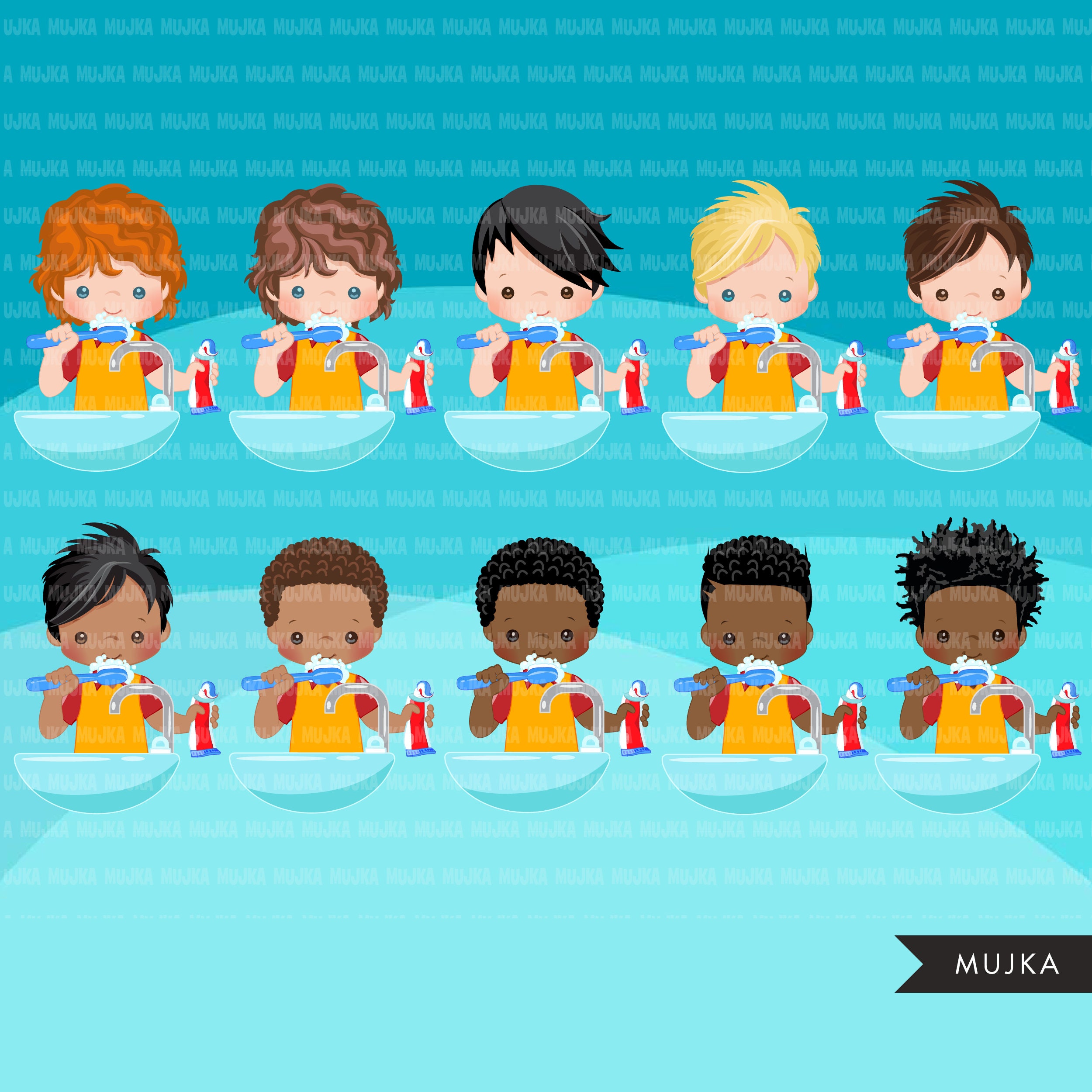 Bathroom Chores Clipart Little Boys Black Boys Brushing - Etsy