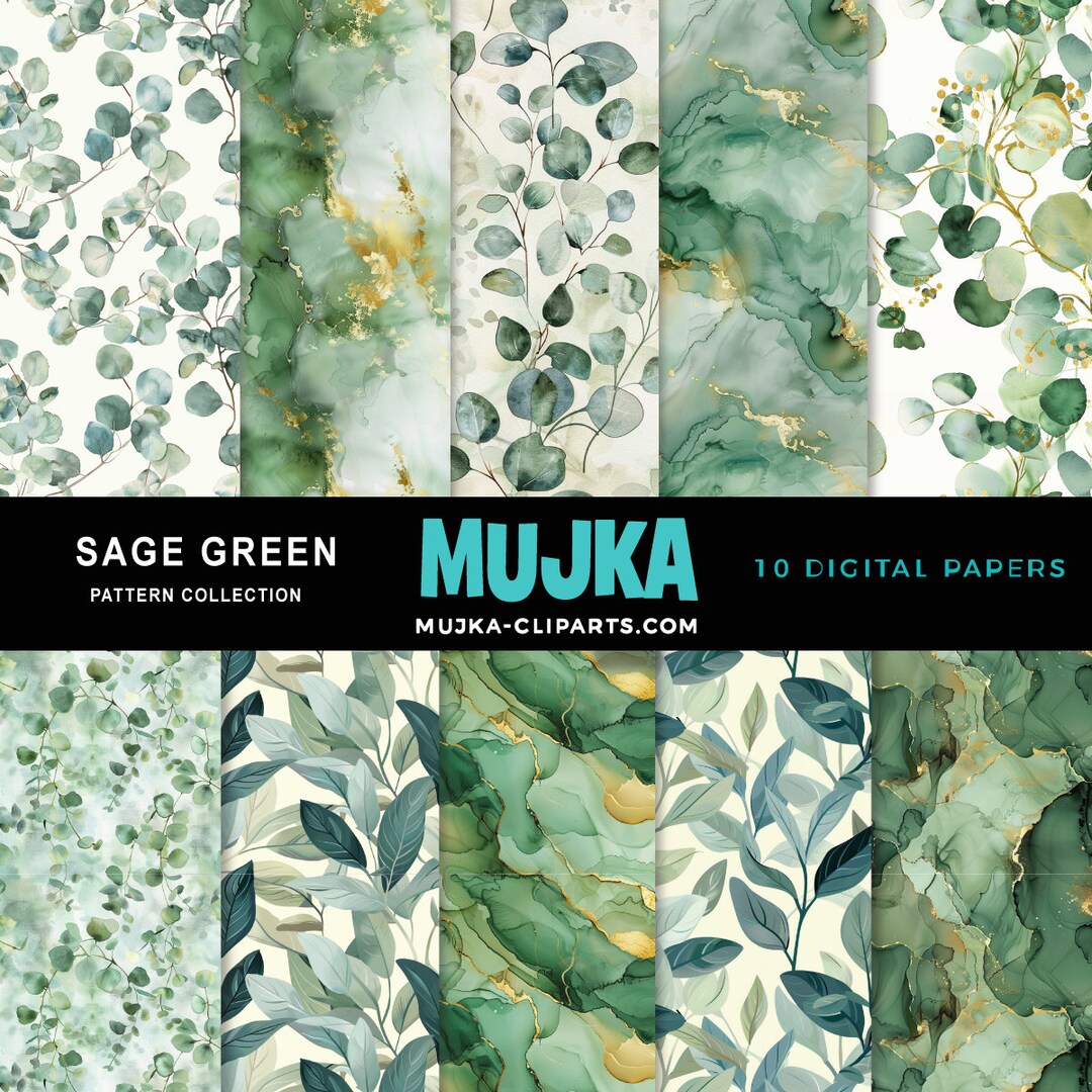 Sage Green Floral Digital Paper: Eucalyptus Watercolor Seamless Surface ...