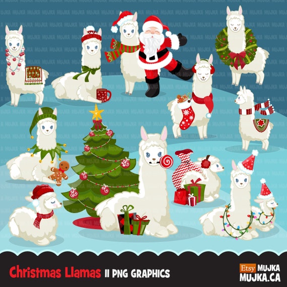 Christmas LLama clipart. Llamas with Christmas tree, gifts, santa, noel ...