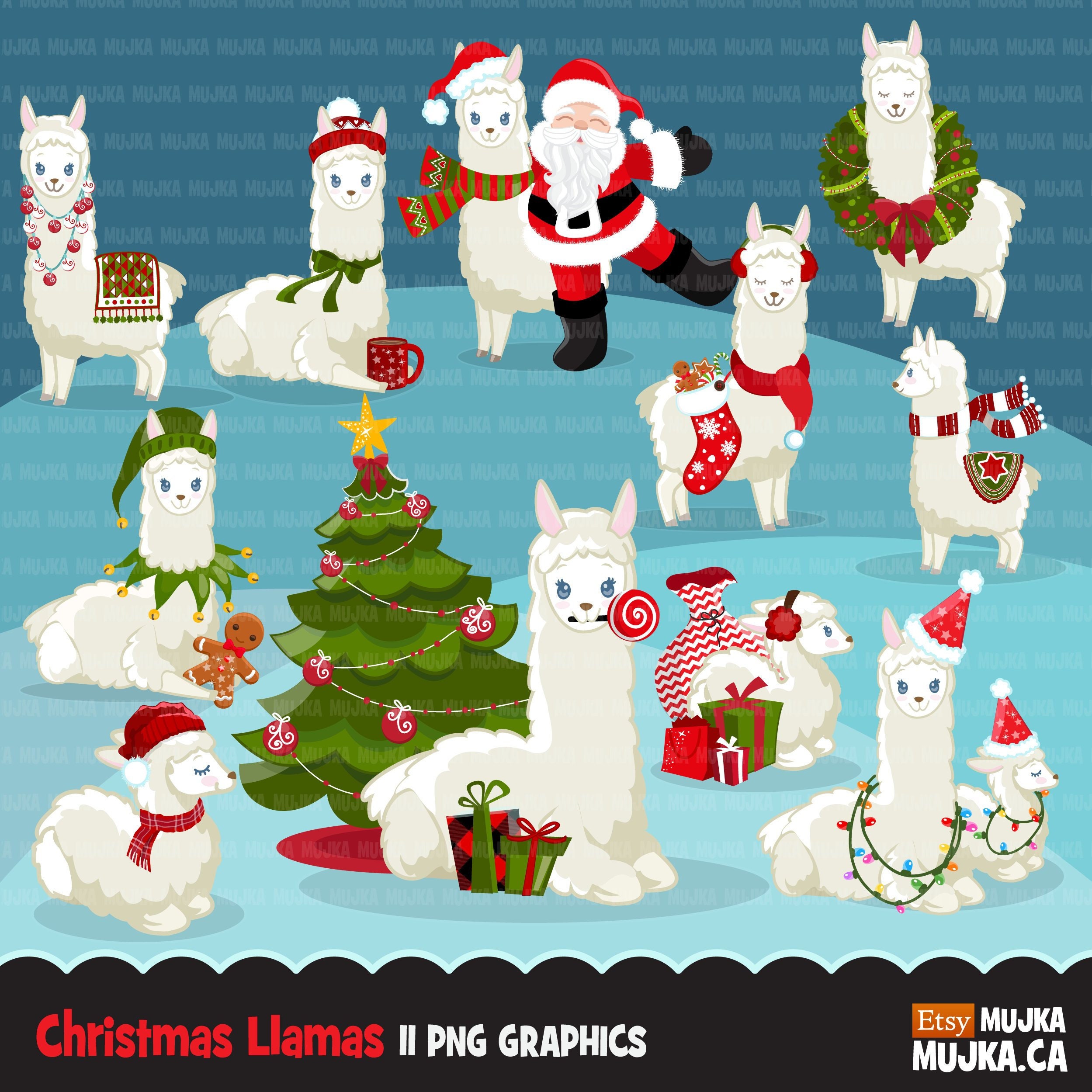 Christmas LLama clipart. Llamas with Christmas tree gifts | Etsy